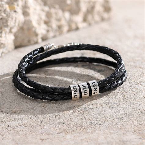 Hebrew Names Black Leather Men Bracelet With Sterling Silver