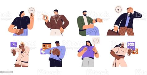 시간 관리 시간표 개념 구성 시계 타이머를 가진 생산적인 사람들 계획 작업 마감일 비즈니스 및 휴식 조직 흰색 배경에 분리된 평면 벡터 삽화 개념에 대한 스톡 벡터 아트 및