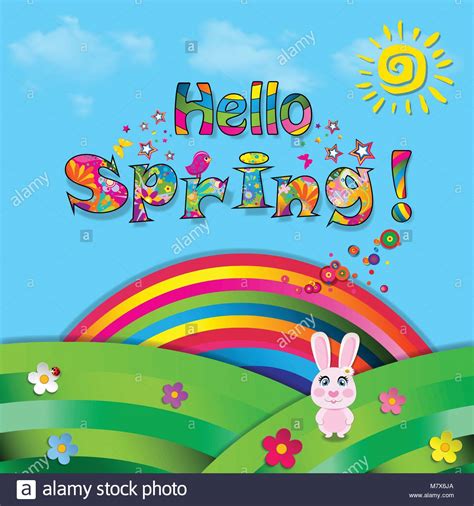 Hello Spring Vector Cartoon Colorful Paper Illustration Of Cute Pink