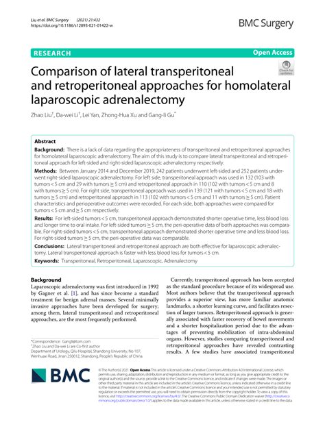 Pdf Comparison Of Lateral Transperitoneal And Retroperitoneal Approaches For Homolateral
