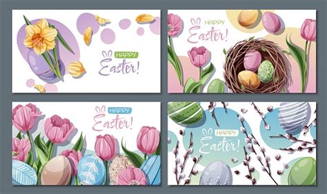 둥지 수선화 버드나무 가지 튤립 다채로운 달걀이 포함된 행복한 부활절 세일 배너 세트 소셜 미디어 포스터 전단지 및 디지털