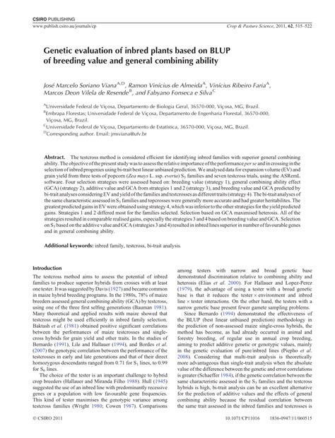 Pdf Genetic Evaluation Of Inbred Plants Based On Blup Of Breeding Value And General Combining
