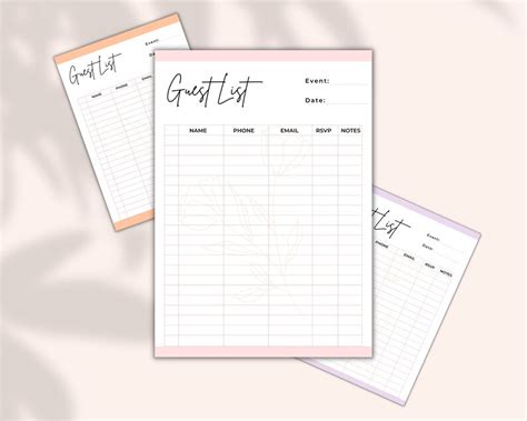 Guest List Template Guest List Printable Editable Guest Etsy