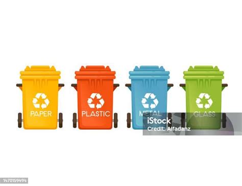 흰색 배경에 격리된 다양한 유형의 폐기물 벡터 삽화에 대한 컬러 쓰레기통 쓰레기통 세트 0명에 대한 스톡 벡터 아트 및 기타