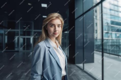 Premium Photo Young Shy Blonde Girl In Business Attire Standing In