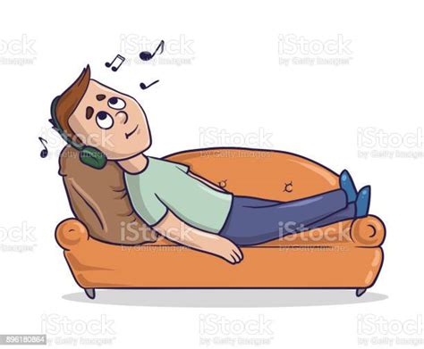 젊은 남자는 샌 디 색 소파에 누워 그의 헤드폰에서 음악을 수신 합니다 만화 문자 벡터 일러스트 레이 션 흰색 배경에 고립 된 이미지입니다 Performance Group에