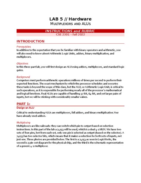 Lab5 Arithmetic Logic Cse2301 F22 Lab 5 Hardware Multiplexors And Alus Instructions And