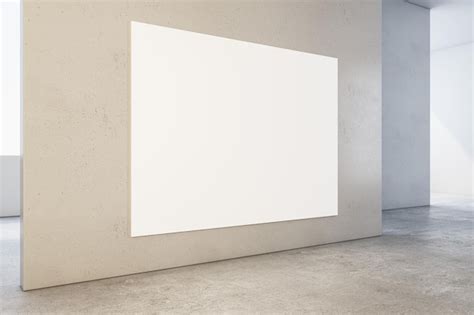 동시대의 콘크리트 갤러리 인테리어 벽과 창문에 빈 색 모형 배너 박물관 방 개념 3d 렌더링 프리미엄 사진