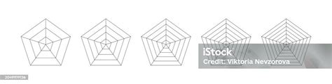 오각형 및 육각형 차트 5 포인트 레이더 또는 스파이더 다이어그램 용 구조화된 그래프 접근 방식으로 데이터를 시각화합니다 흰색 배경에 고립된 평면 벡터 그림입니다 오각형