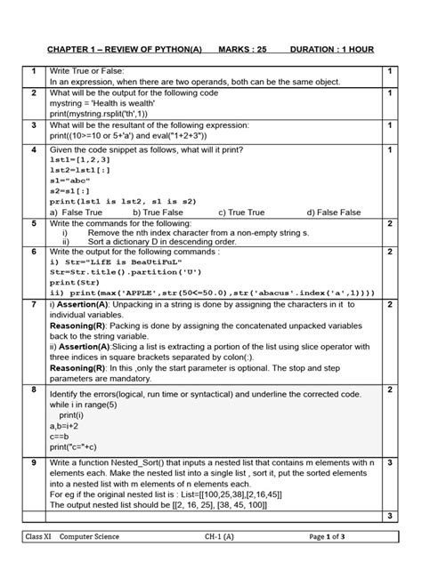 Chennai Public School Chapter 1 Python Revision Pdf Computer