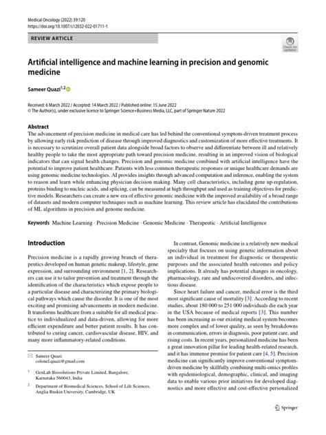 Artifcial Intelligence And Machine Learning In Precision And Genomic