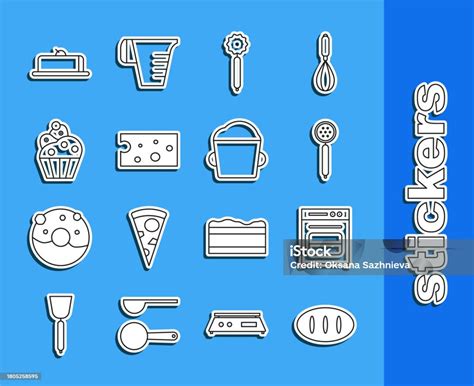 세트 라인 빵 덩어리 오븐 스트레이너 스푼 피자 나이프 치즈 컵 케이크 딸기 치즈 케이크 슬라이스 및 베이커리 그릇 반죽 아이콘 벡터 달콤한 음식에 대한 스톡 벡터 아트 및