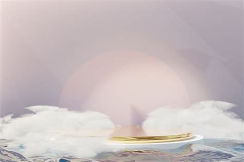 3d 뷰티 프리미엄 받침대 제품 디스플레이와 꿈꾸는 땅과 푹신한 구름 최소한의 파스텔 하늘과 구름 장면은 현재 제품 홍보 및 미용 화장품을 제공합니다 꿈의 로맨스 땅 개념