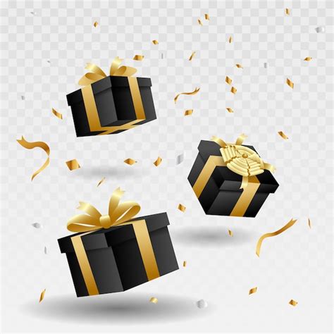 금색 리본과 색종이 조각이 있는 검은색 선물 상자 그룹입니다 프리미엄 벡터