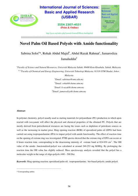 Pdf Novel Palm Oil Base Polyol With Amide Functionality