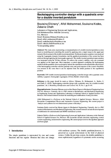 Pdf Backstepping Controller Design With A Quadratic Error For A