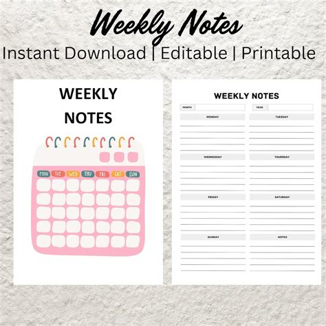 Editable Weekly Notes Planner Canva Template Digital Download Etsy