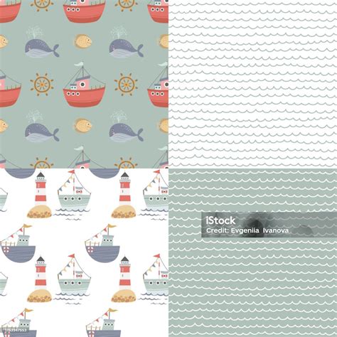 귀여운 선원과 배가 있는 완벽한 배경입니다 창조적 인 아이들의 배경 아기 옷 직물 직물 아기 장식 포장지에 이상적입니다 벡터 일러스트 레이 션 0명에 대한 스톡 벡터 아트
