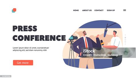 기자 회견 방문 페이지 템플릿 기자 브리핑 중 정치인 인터뷰 남자는 기자와 이야기한다 Live Event에 대한 스톡 벡터 아트