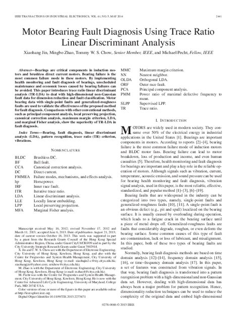 Pdf Motor Bearing Fault Diagnosis Using Trace Ratio Linear Discriminant Analysis