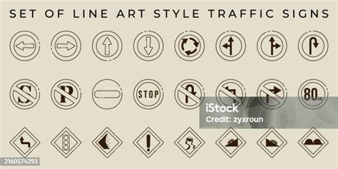 고립 된 교통 표지판 아이콘 라인 아트 벡터 일러스트 레이 션 템플릿 그래픽 디자인의 집합입니다 도로 규칙에 대한 간단한 스타일의 다양한 경고 금지 필수 표지판 또는 기호