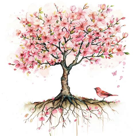 A Drawing Of A Tree With A Bird On It Premium AI Generated Image
