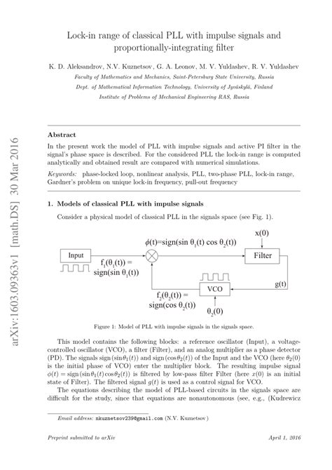 Pdf Lock In Range Of Classical Pll With Impulse Signals And Proportionally Integrating Filter