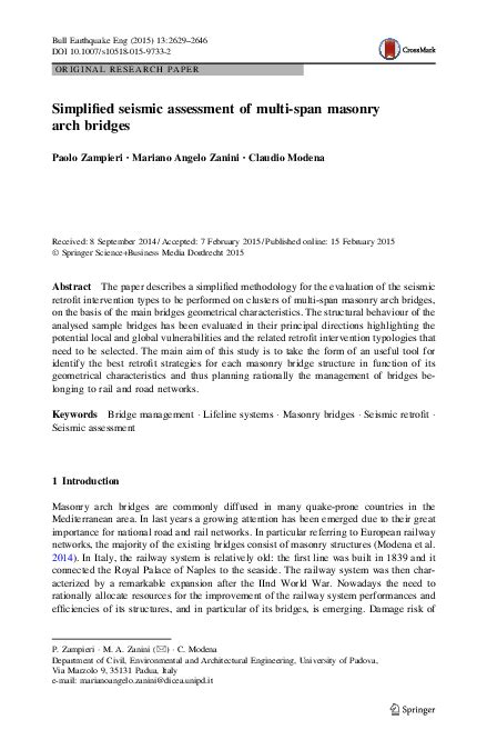 Pdf Simplified Seismic Assessment Of Multi Span Masonry Arch Bridges