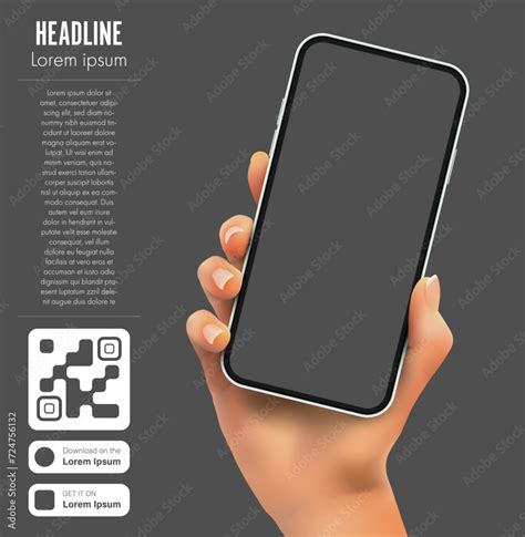 Realistic Woman S Hand Holding A Smartphone With A A QR Code Link To A Mobile App Grey