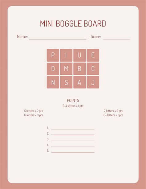 Boggle Worksheet