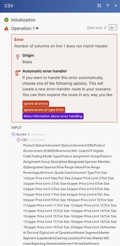 csv file parsing error number of columns on line 1 does not match