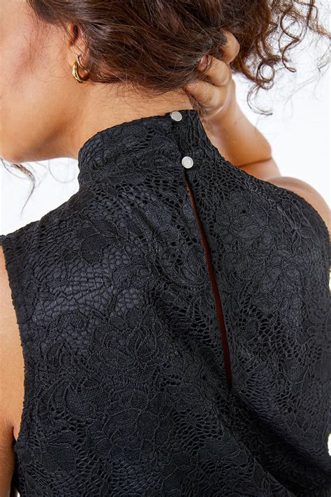 Petite Twist Neck Lace Top In Black Roman Uk