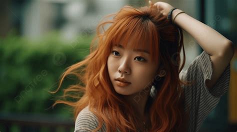 포즈를 취하는 빨간 머리를 가진 아시아 여자 머리를 휘날리며 오른쪽을 바라보는 젊은 여성 고화질 사진 사진 얼굴 배경 일러스트 및 사진 무료 다운로드 Pngtree