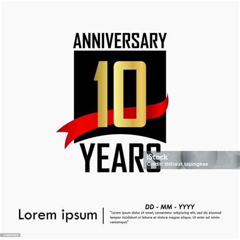 창립 10주년 기념 엠블럼 우아한 황금 기념일 로고는 흰색 배경에 빨간 리본으로 고립되어 있습니다 웹 전단지 포스터 인사말에 대 한 벡터 일러스트 레이 션 템플릿 디자인