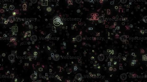 Abstract Animation Of Multicolored Neon Social Media Network Emojis Icons Appearing On The Black