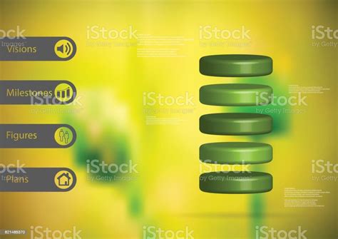 실린더의 모티브로 3d 그림 Infographic 템플릿 간단한 기호 및 샘플 텍스트 바에 측에 5 개의 녹색 조각 가로 분할 흐리게 사진 배경으로 사용 됩니다 0명에 대한
