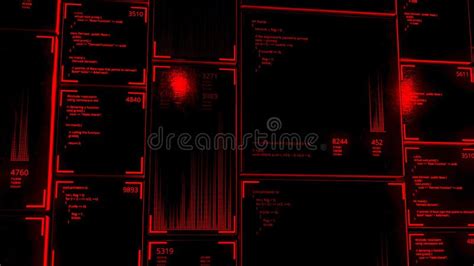 blocks of program code flying in virtual space divided into different moving digital screens
