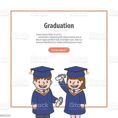 흰색 배경에 졸업 일러스트 벡터 가운에 학생 소년과 학생 소녀와 배너 졸업 프레임 교육 및 연구 개념 개념에 대한 스톡 벡터 아트 및 기타 이미지 Istock