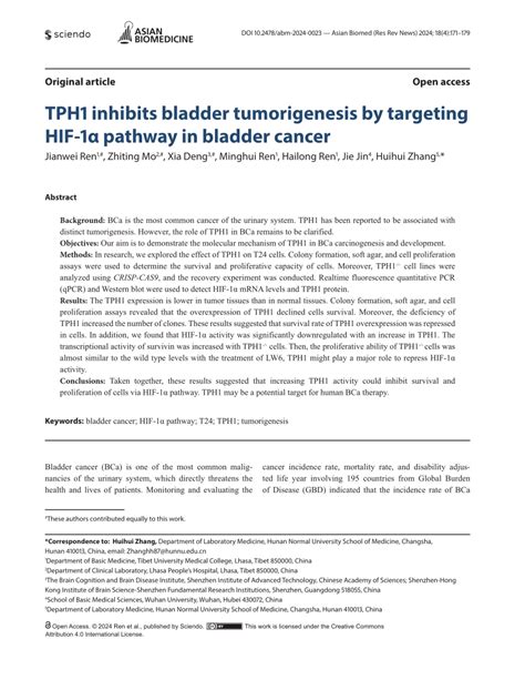 Pdf Tph1 Inhibits Bladder Tumorigenesis By Targeting Hif 1α Pathway
