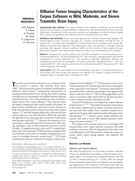 Pdf Diffusion Tensor Imaging Characteristics Of The Corpus Callosum In Mild Moderate And