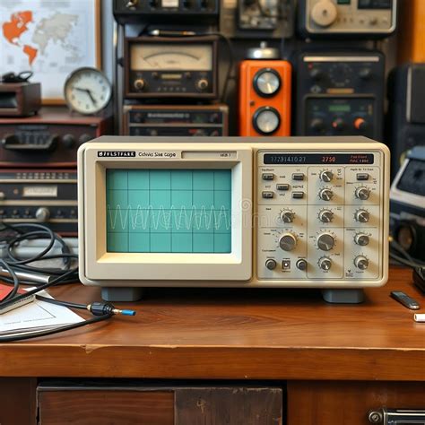 A Retro Oscilloscope On A Cluttered Wooden Desk Displaying A Classic Sine Wave Pattern With