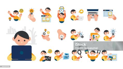 디자인 및 개발 컨셉 일러스트레이션 그래픽 및 웹 디자인 및 개발 소셜 미디어 창작 과정 앱 개발의 다양한 활동에서 사람들 벡터 일러스트레이션 세트 남자에 대한 스톡 벡터