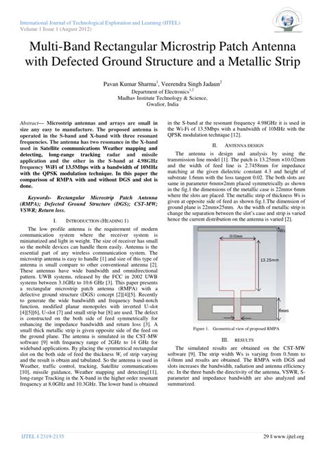 Pdf Multi Band Rectangular Microstrip Patch Antenna With Defected Ground Structure And A