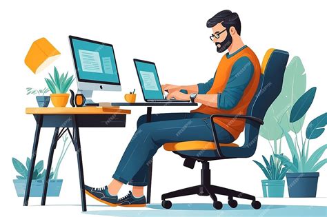 Premium Photo Work From Home Man Working At Computer Vector Illustration