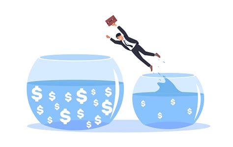 사업가는 자신의 수입을 다음 단계로 끌어 올립니다 남자는 작은 어항에서 큰 어항으로 점프합니다 재정적 증가 비즈니스 성공 달러와 물 수족관입니다 경제 이익 벡터 개념