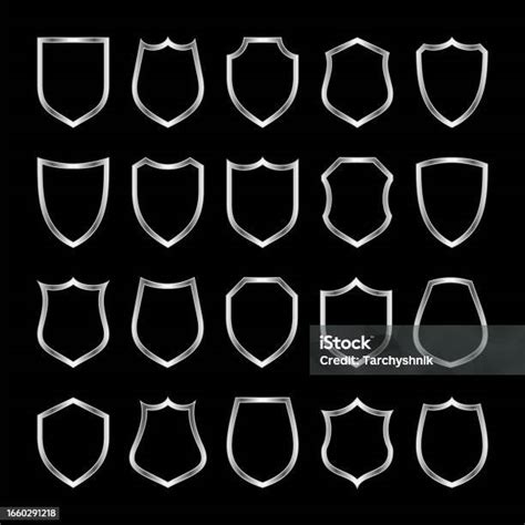 금속 빈티지 방패 프레임 세트입니다 반짝이는 은색 문장 방패 검은색 보호 및 보안 기호 레이블 벡터 그림 검은색에 대한 스톡 벡터 아트 및 기타 이미지 Istock