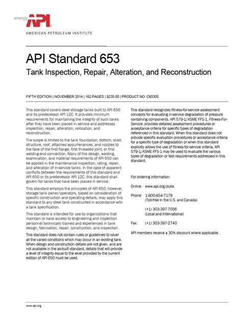 Api Standard 653 Tank Inspection Repair Alteration And Reconstruction Pdf