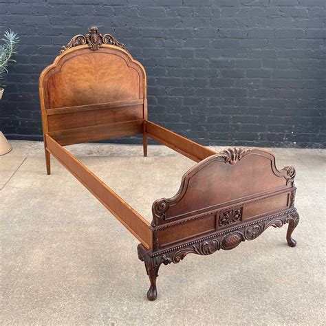 Antique French Louis Xvi Hand Carved Wood Twin Size Bed Frame 1940s