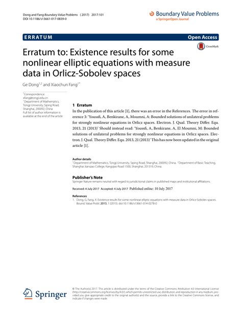 Pdf Erratum To Existence Results For Some Nonlinear Elliptic Equations With Measure Data In