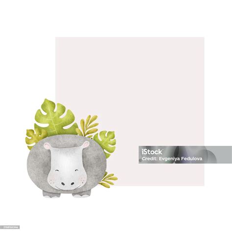 귀여운 아기 하마와 열대 나뭇잎의 프레임입니다 재미 있는 아이의 고립된 손으로 그린 수채화 배경입니다 어린이 초대장 베이비 샤워 어린이 방 장식을 위한 사파리 디자인